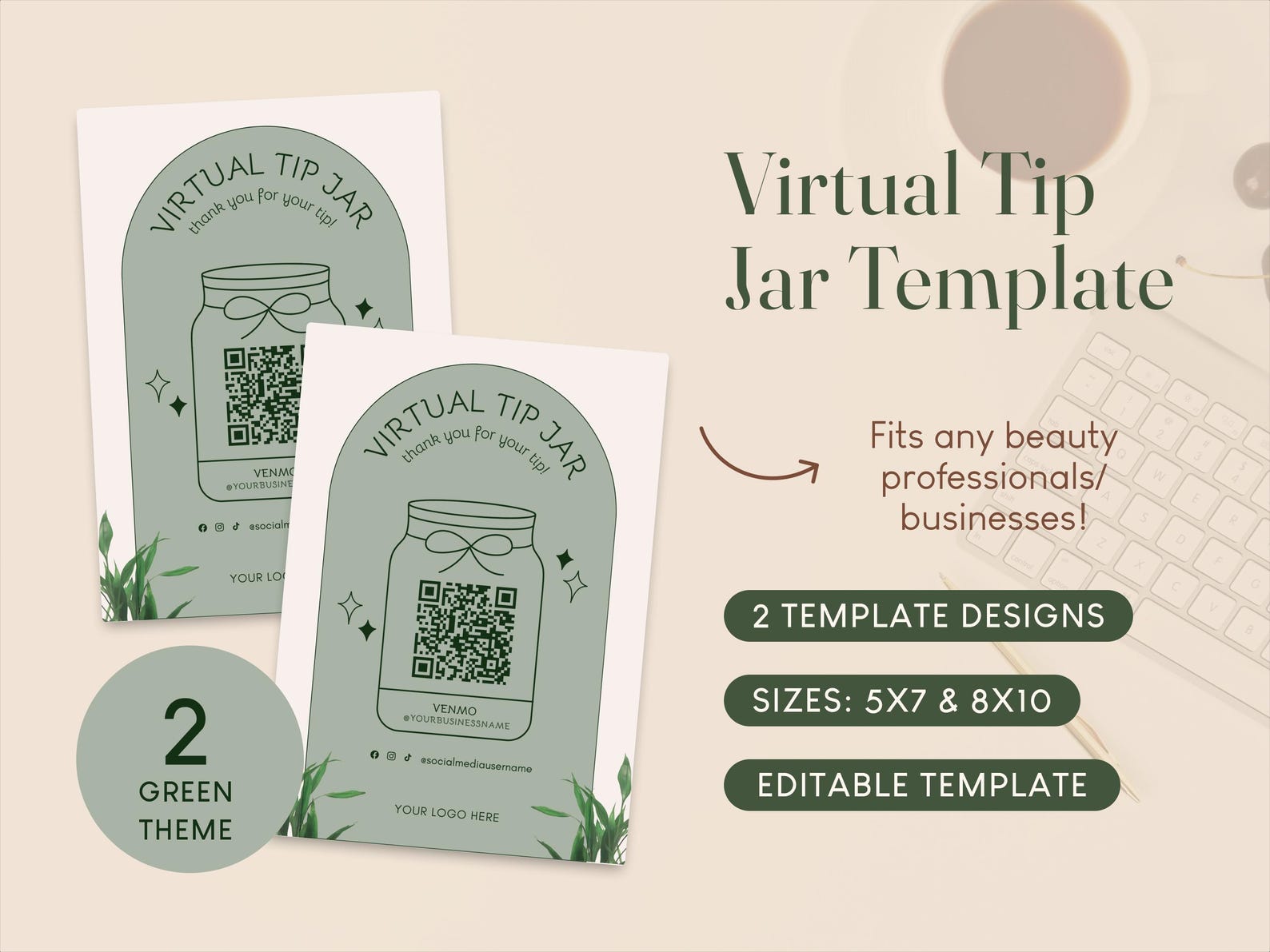 Scan to Tip Jar Green Printable Virtual Tip Jar QR Code Canva Template ...