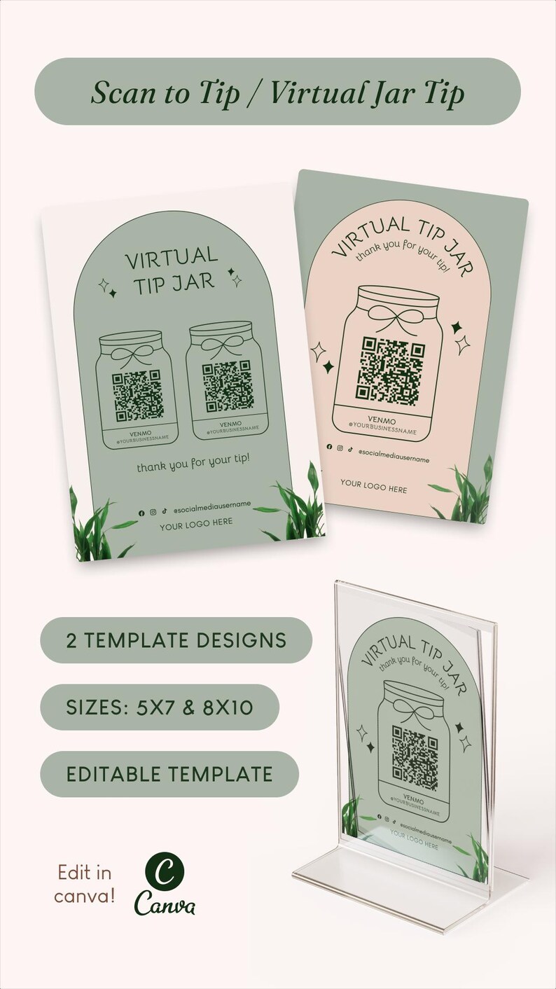 Scan to Tip Jar Green Printable Virtual Tip Jar QR Code Canva Template for Esthetician MUA ...