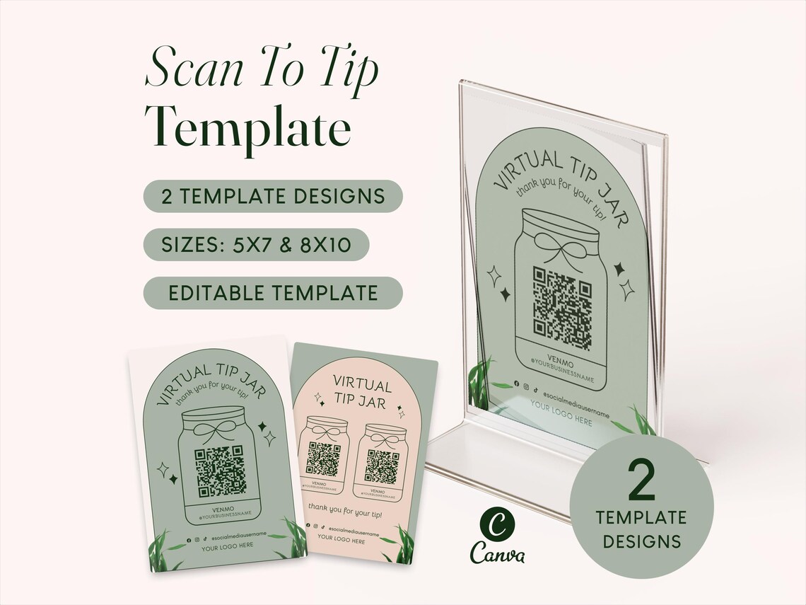 Scan to Tip Jar Green Printable Virtual Tip Jar QR Code Canva Template ...