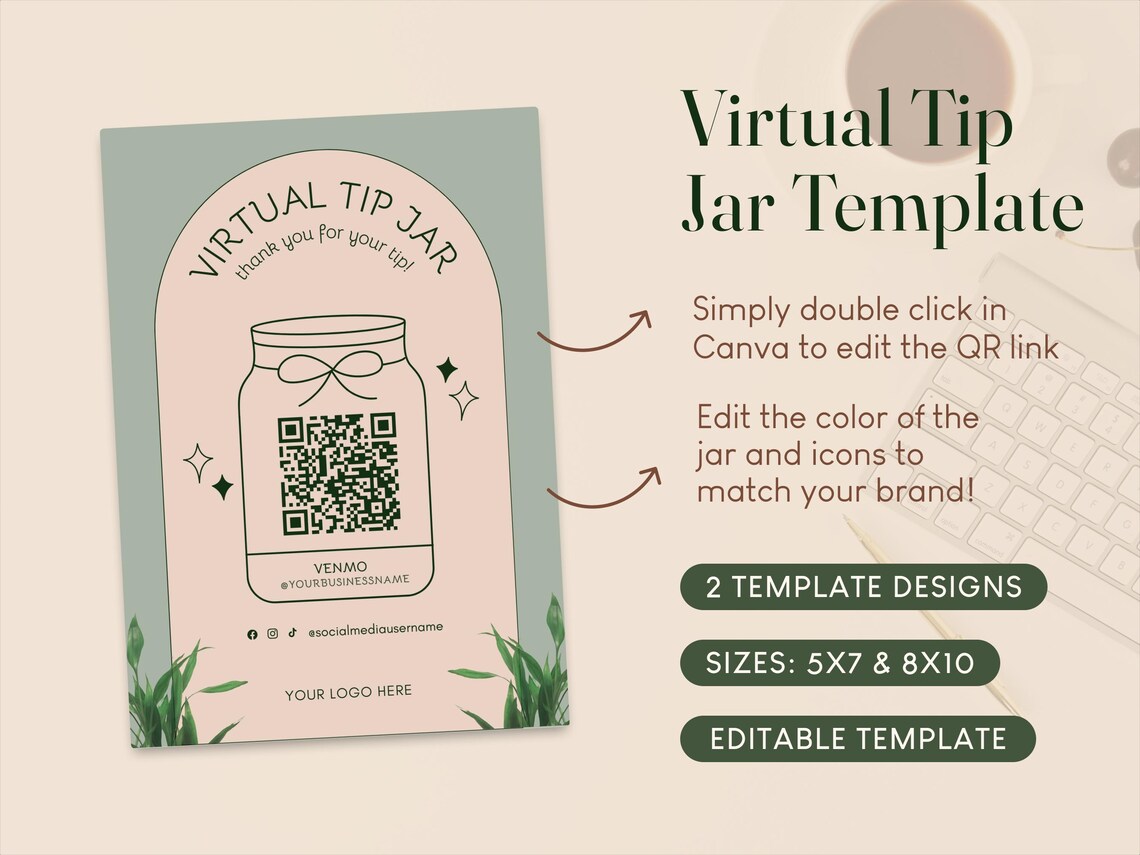 Scan to Tip Jar Green Printable Virtual Tip Jar QR Code Canva Template ...