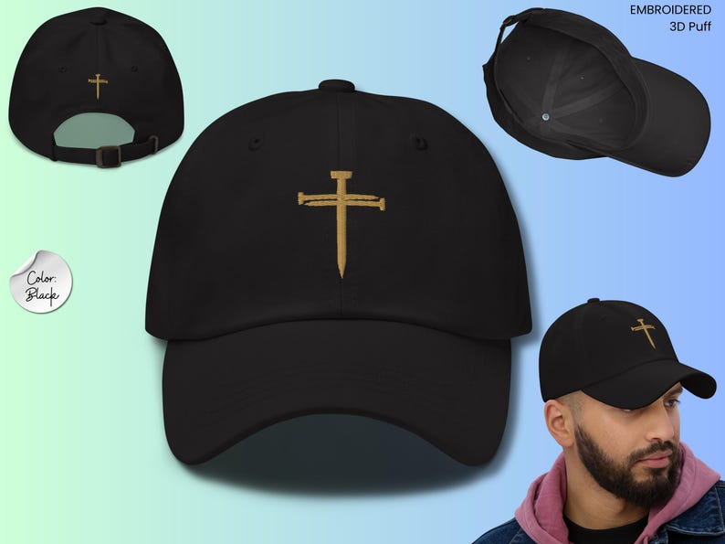 Christian Baseball Cap: 3 Nails Cross Embroidery 3D Puff Classic Dad ...