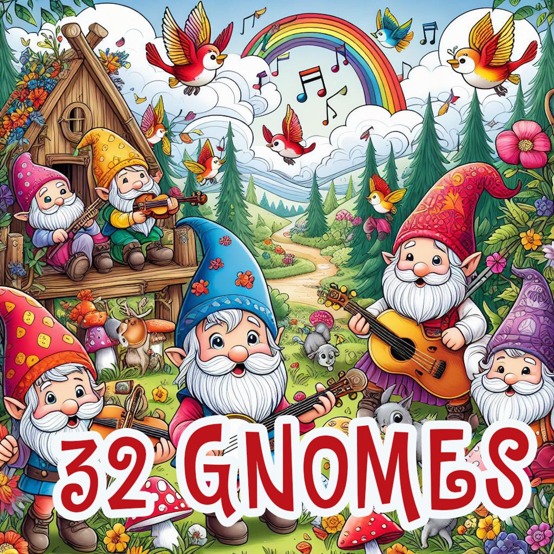 32 Coloring Pages Featuring Gnomes: Digital Sheets Suitable for ...