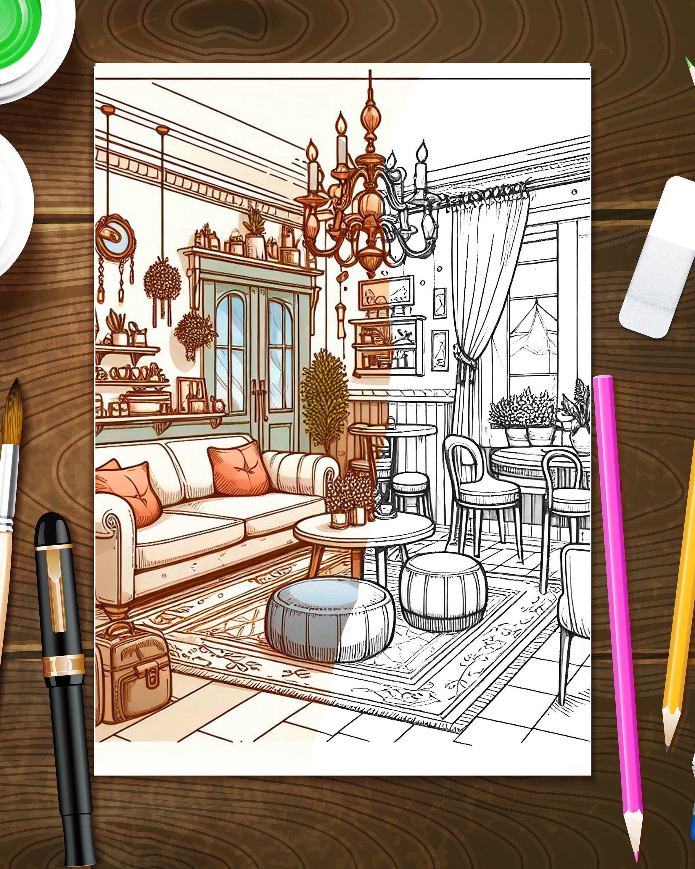 60 Cozy Spaces, Places of Happy People, Coloring Pages for Adults ...