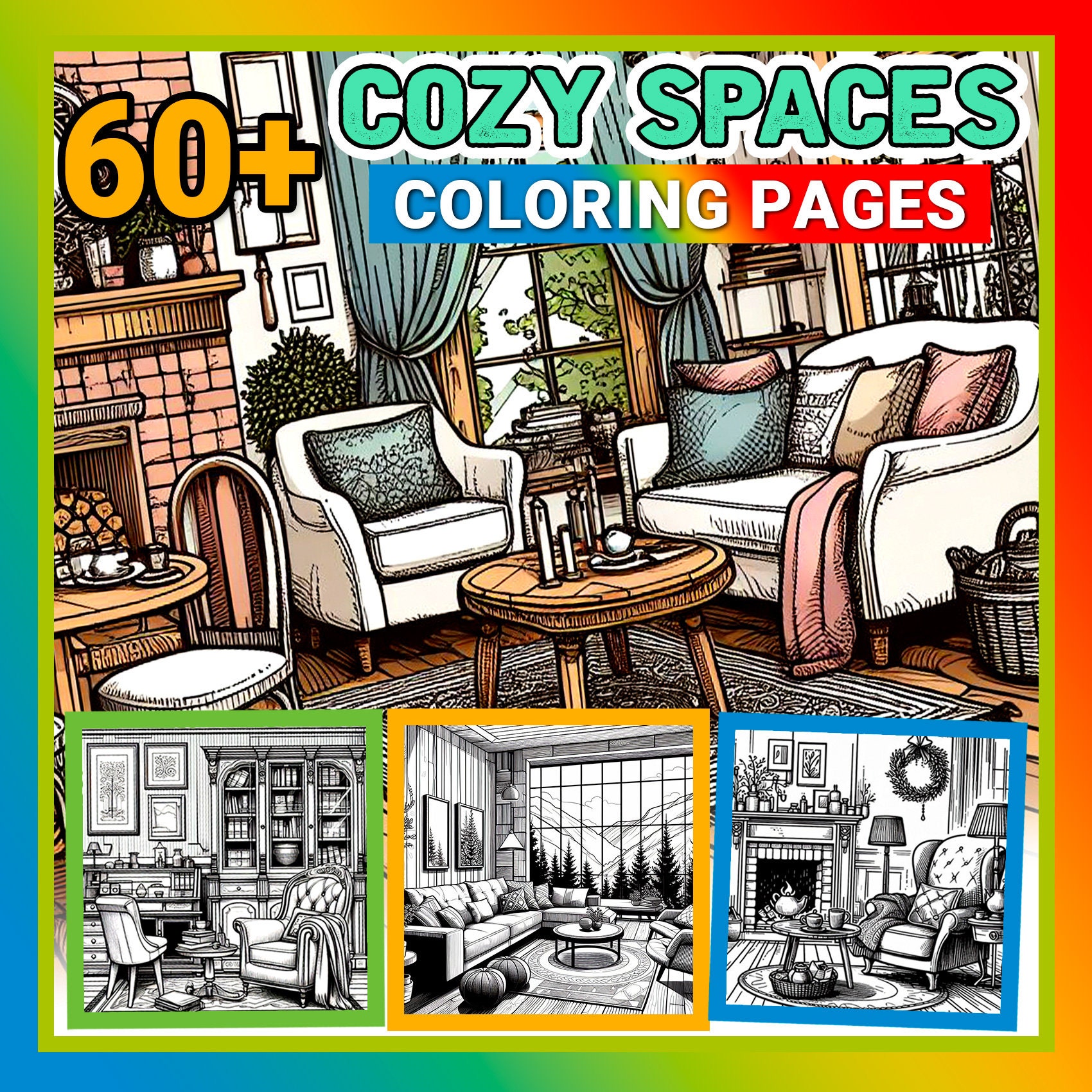 60+ Cozy Spaces, Places of Happy People, Coloring Pages for Adults ...