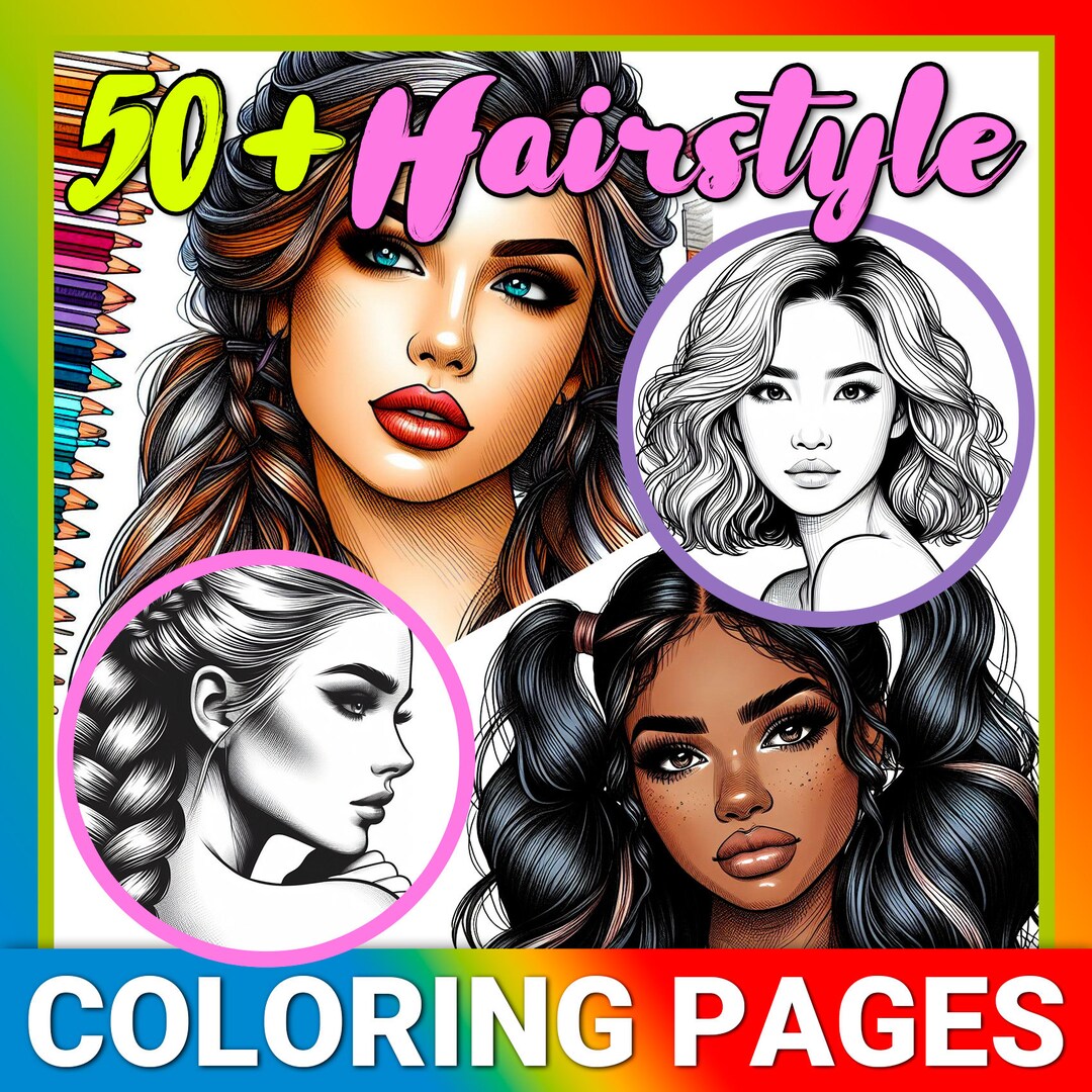 50+ Hairstyles and Makeup Coloring Pages, Hair Grayscale Coloring Book ...