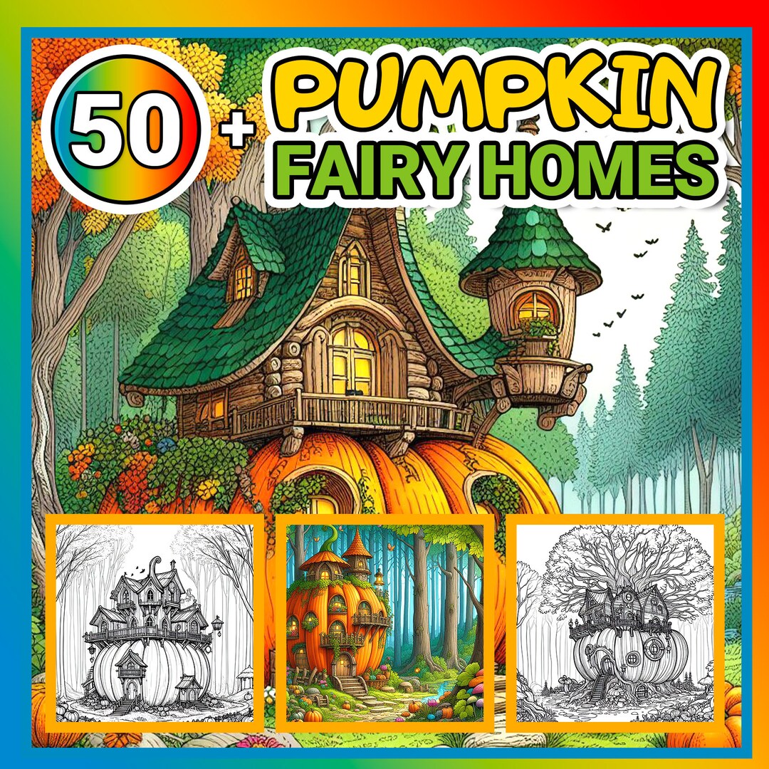 50 Pumpkin & Fairy Homes Coloring Book: Printable PDF, Grayscale Art ...