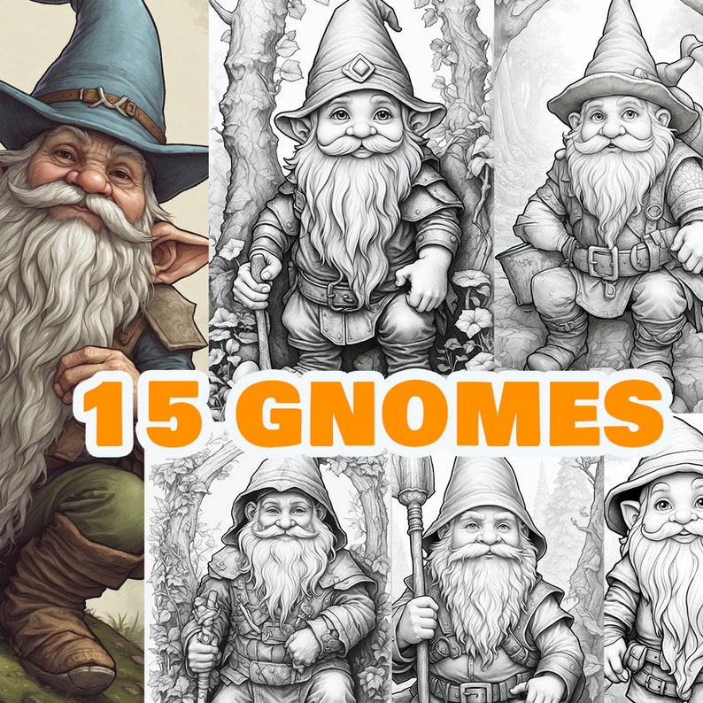 15 Enchanted Realms Realistic Gnome, Coloring Book for Adults: Digital ...