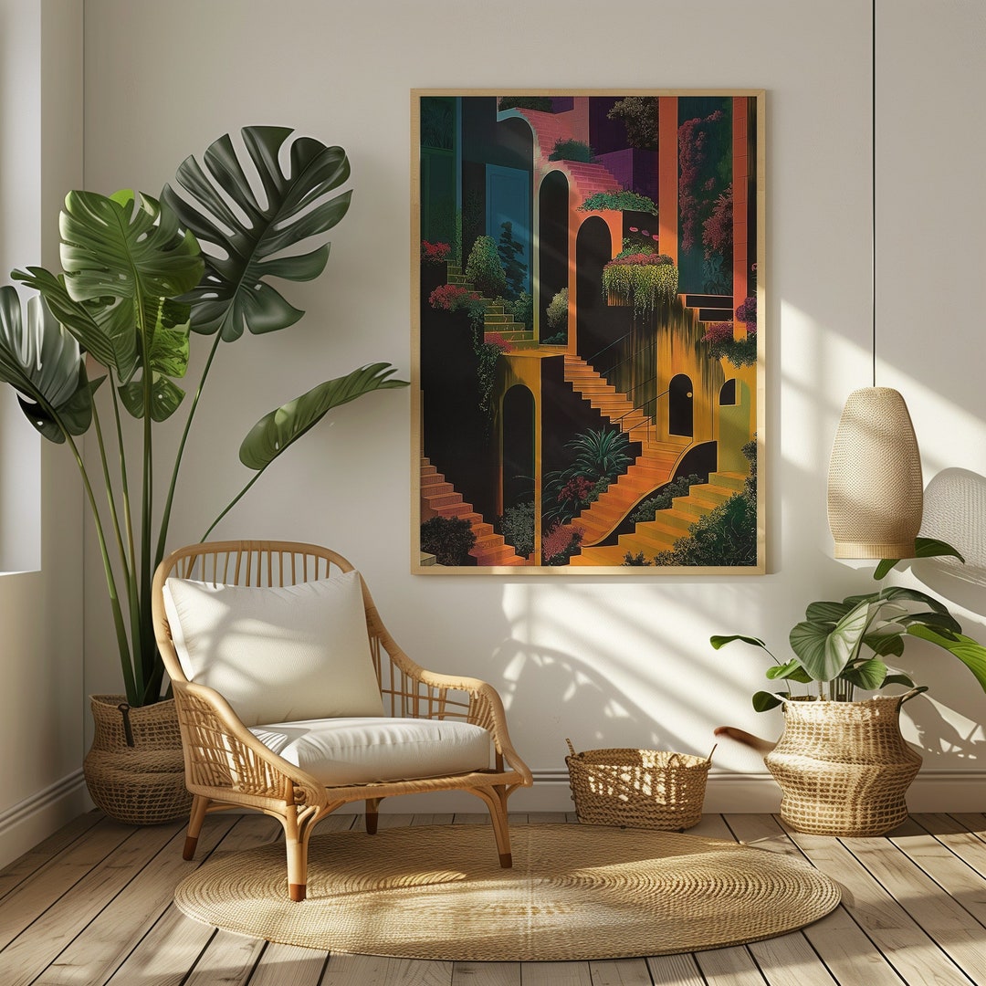 Enchanted Gardens, Vibrant Staircase Archways Art Print, Lush Foliage ...