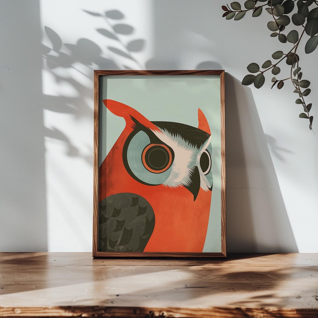 Modern Mid-century Owl Art Vibrant Wildlife Illustration Retro ...