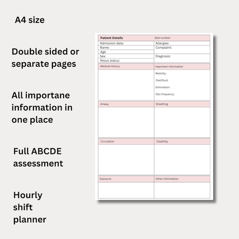 Nurse Handover Sheet Patient Details and Hourly Shift Planner ABCDE ...
