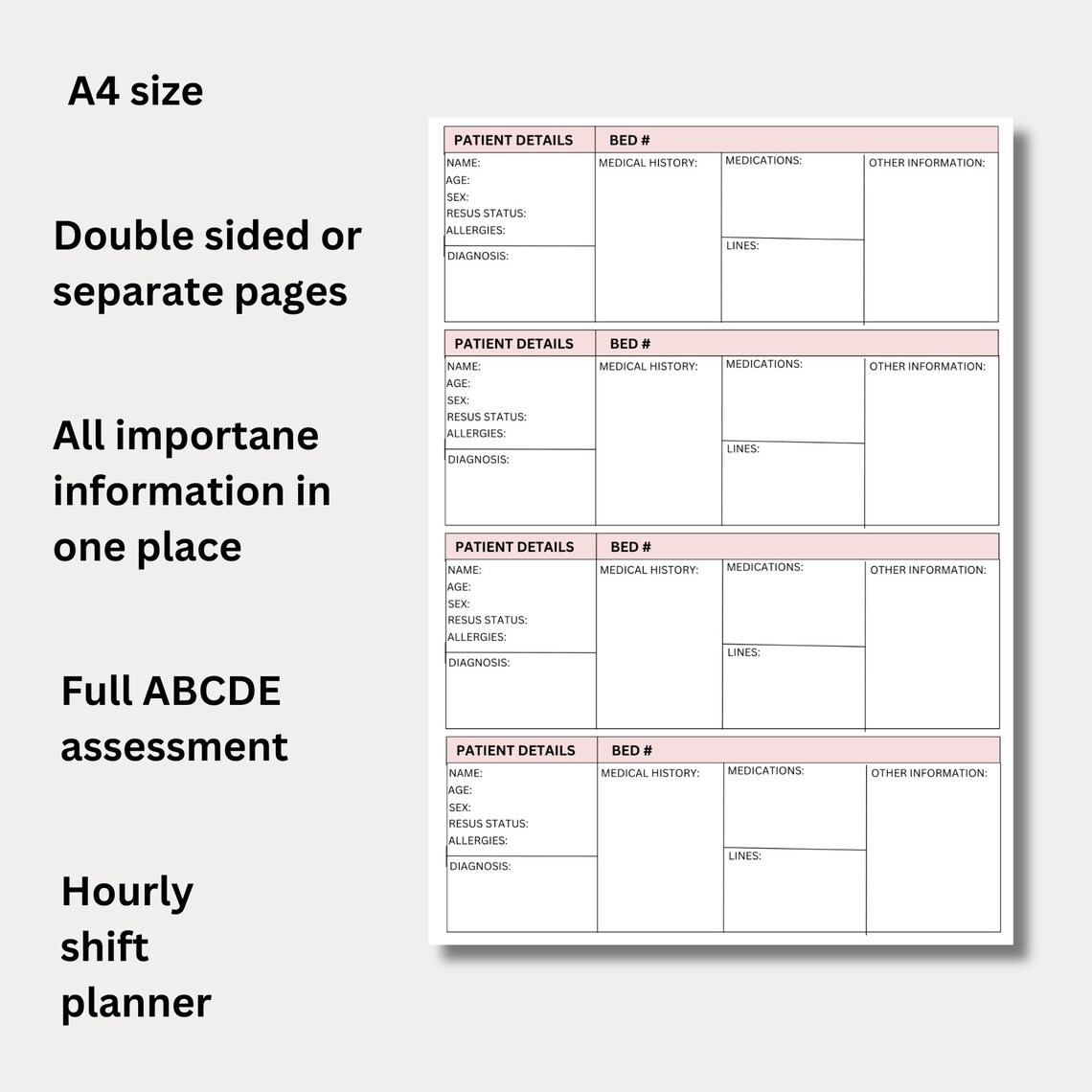 4 Patient Nurse Handover Sheet Four Patient Details and Hourly Shift ...