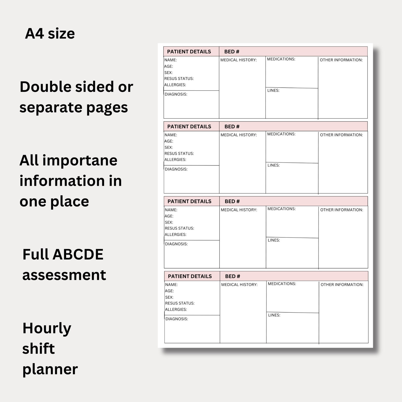 4 Patient Nurse Handover Sheet Four Patient Details and Hourly Shift ...