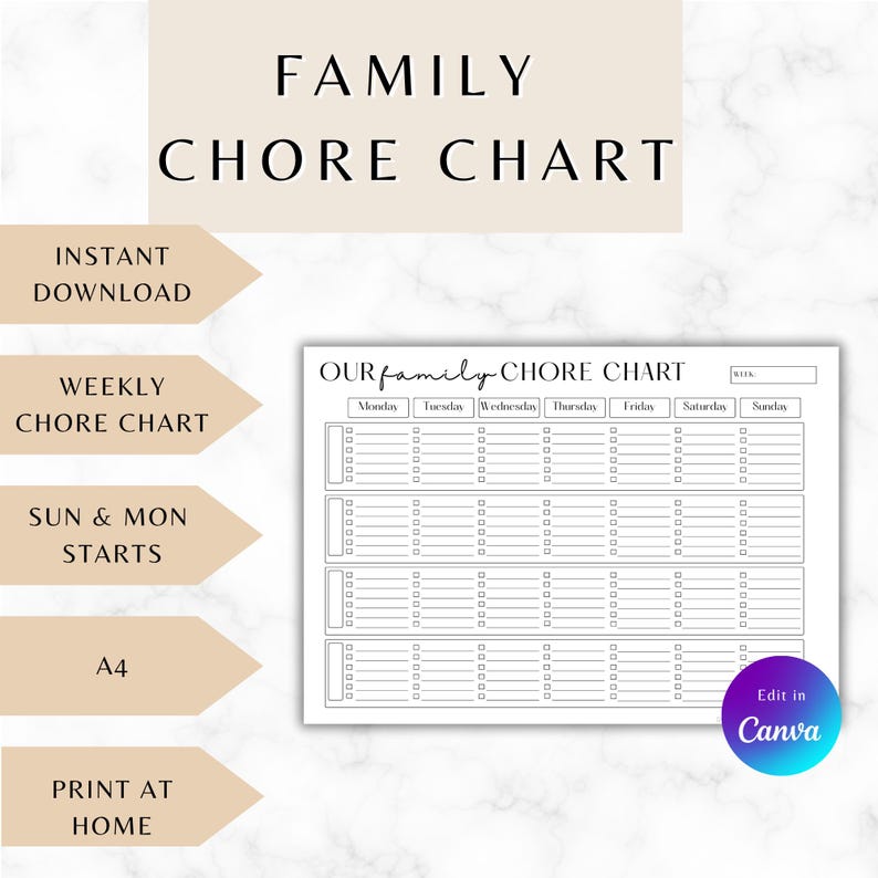 Family Chore Chart Printable | Weekly Chore Planner | Kids Chore Chart ...