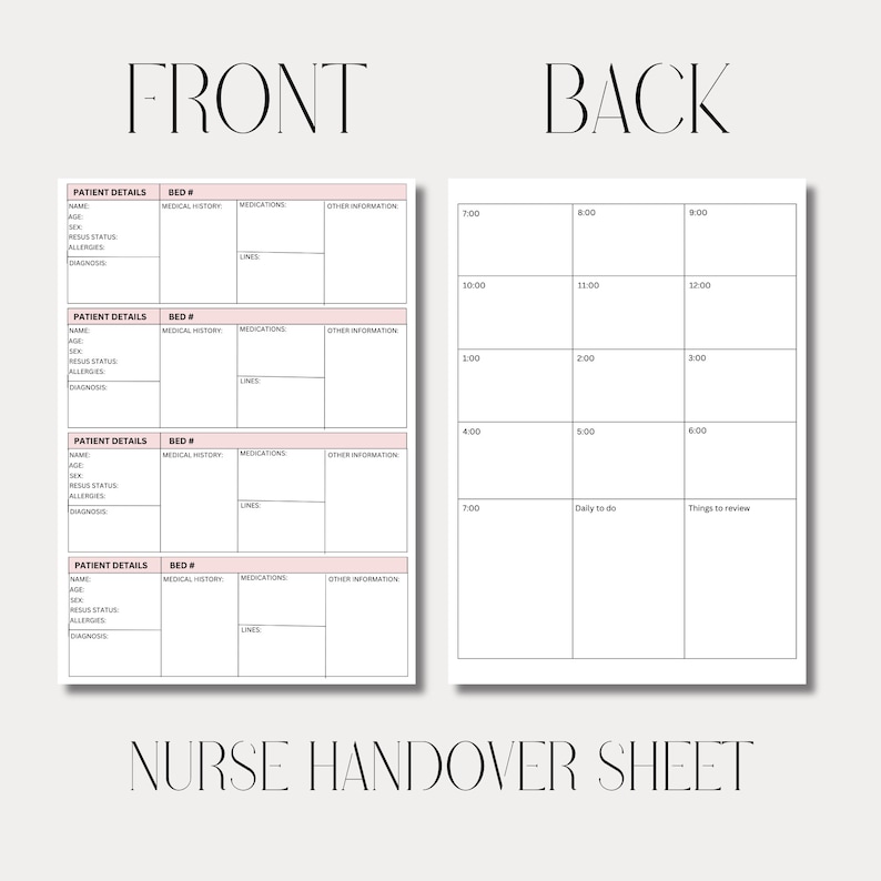 4 Patient Nurse Handover Sheet Four Patient Details and Hourly Shift ...