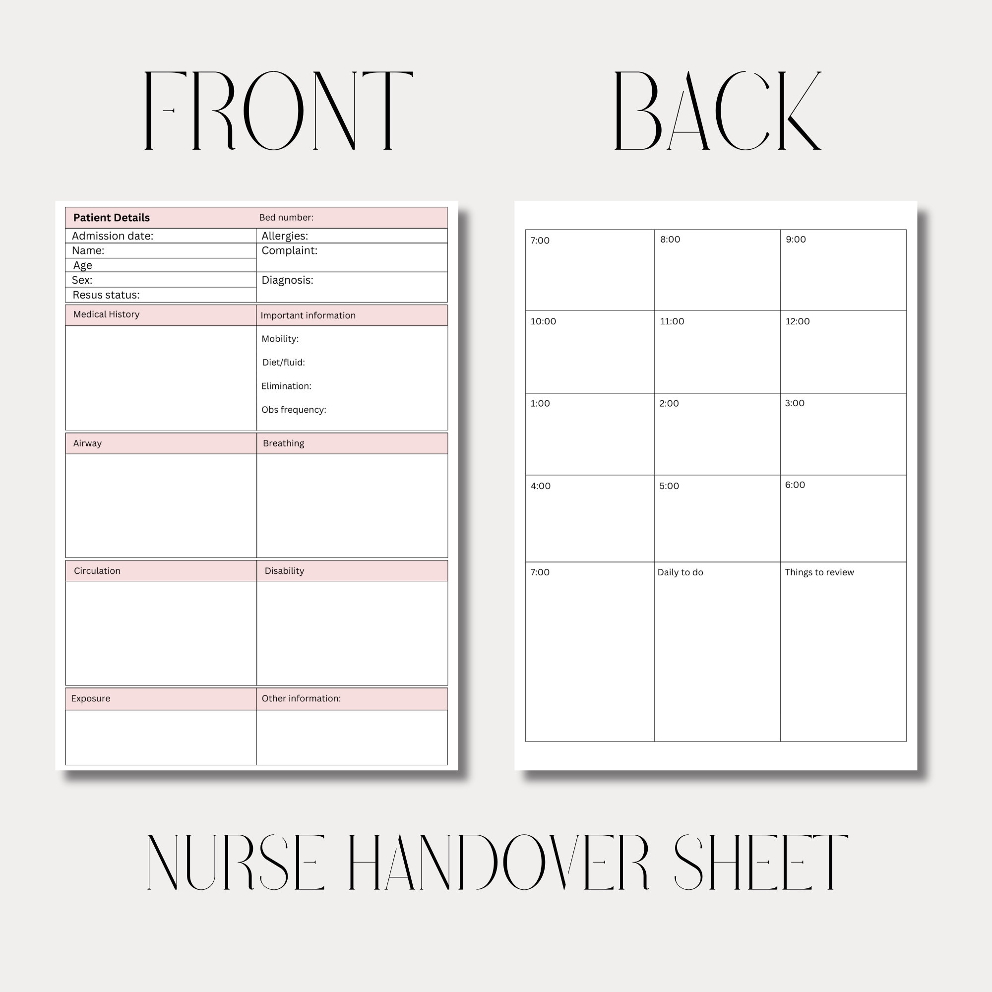 Nurse Handover Sheet Patient Details and Hourly Shift Planner ABCDE ...