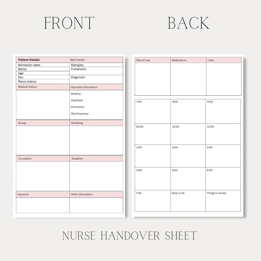 Nurse Handover Sheet Patient Details and Hourly Shift Planner ABCDE ...