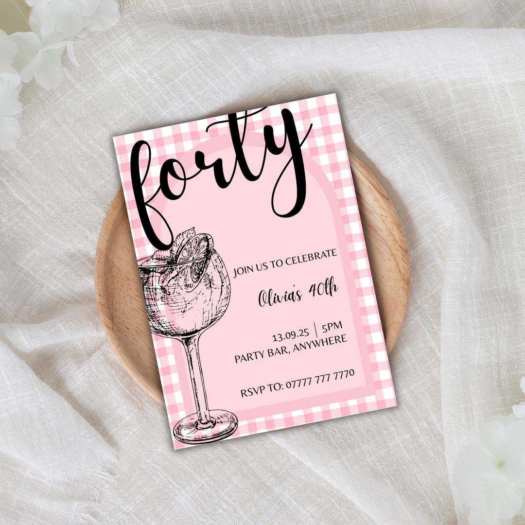 Editable Pink Gin Invitation, Gin Time Invite, Gingham Invitation ...