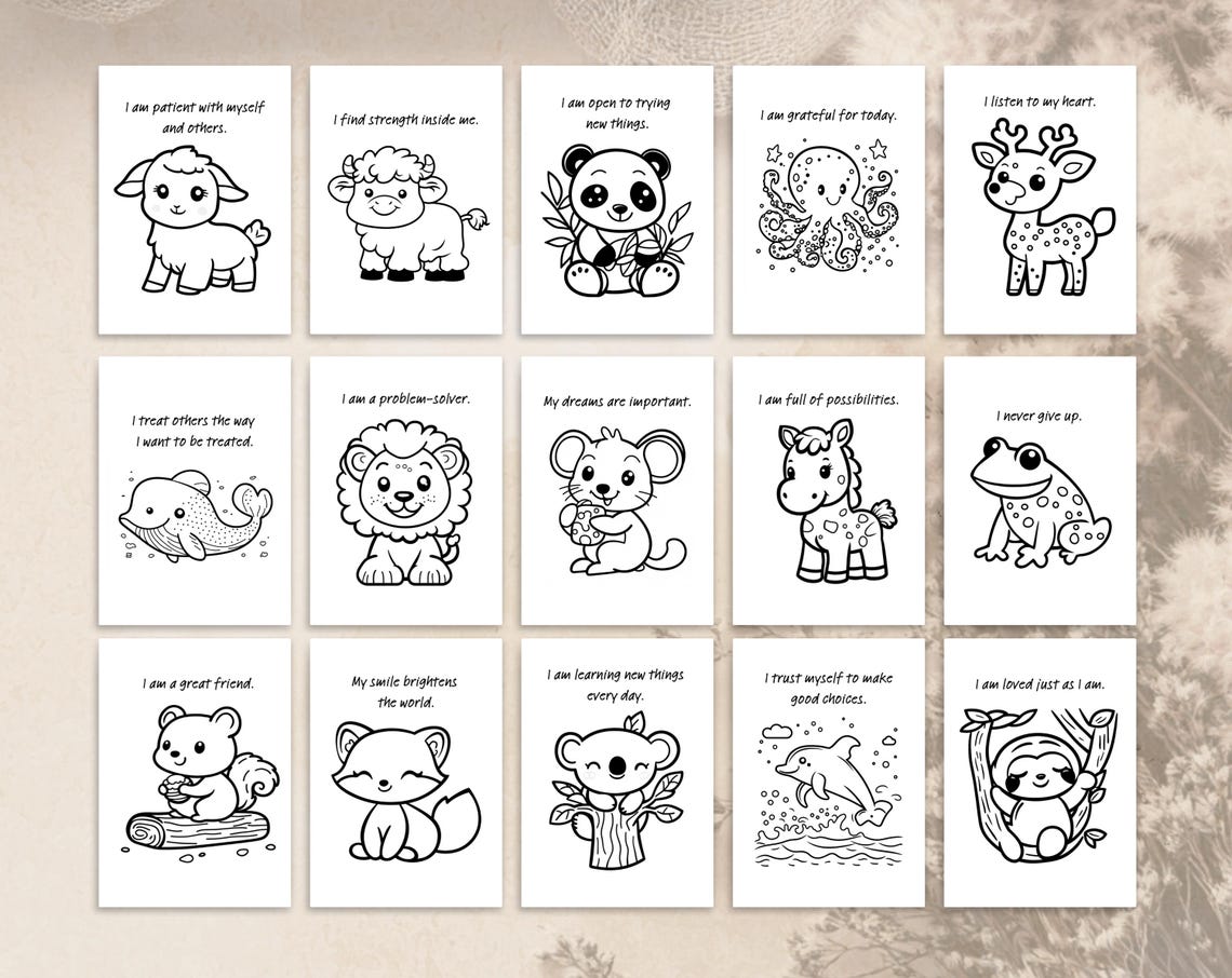 Kids' Affirmation Cards: Animal Coloring Pages, Growth Mindset (digital ...