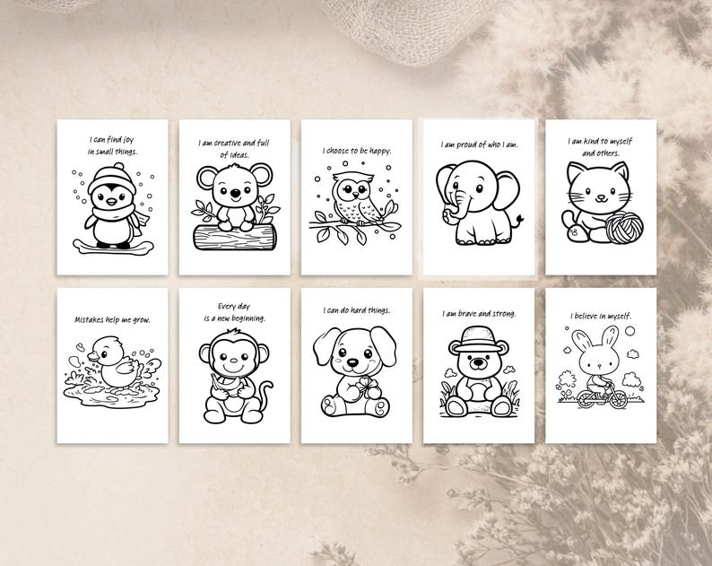 Kids' Affirmation Cards: Animal Coloring Pages, Growth Mindset (digital ...