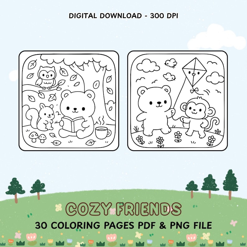 Cozy Friends Coloring Pages | Bear, Bunny, Monkey (digital Download) - Etsy
