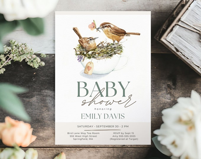 Baby Shower Wrens in Tea Cup Invitation Boho Baby Shower Editable ...