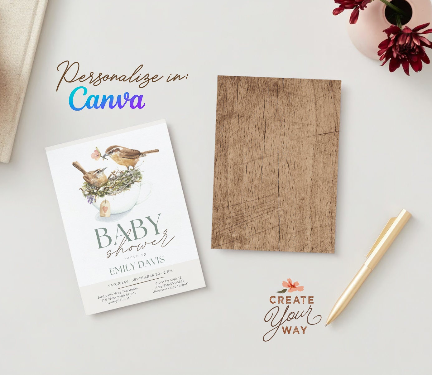 Baby Shower Wrens in Tea Cup Invitation Boho Baby Shower Editable ...