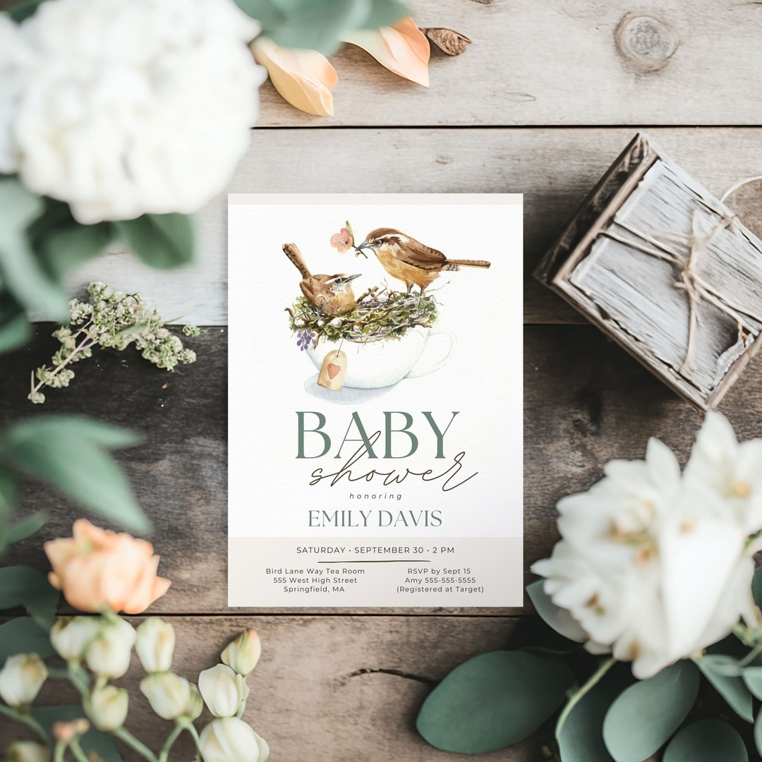 Baby Shower Wrens in Tea Cup Invitation Boho Baby Shower Editable ...