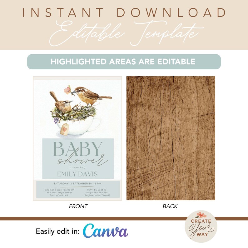 Baby Shower Wrens in Tea Cup Invitation Boho Baby Shower Editable ...