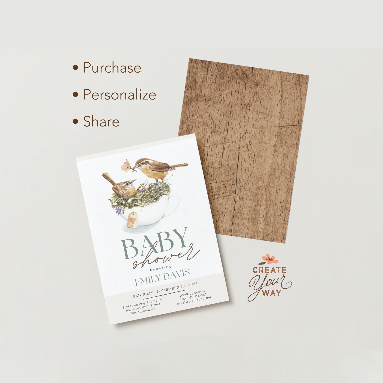 Baby Shower Wrens in Tea Cup Invitation Boho Baby Shower Editable ...