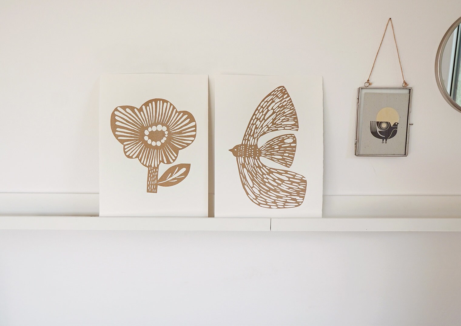 GOLD Bird and Flower Linoprints, Set of 2 Linocuts , Block Print ...
