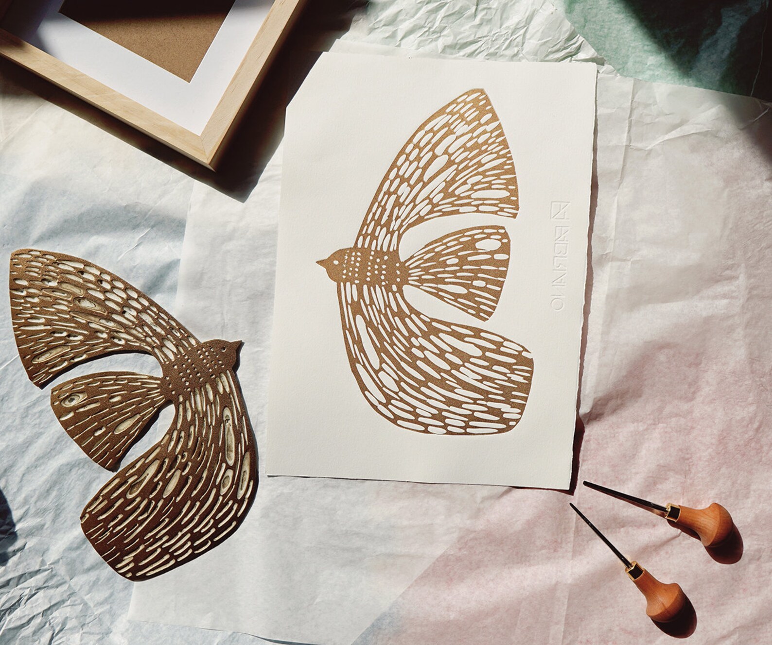 GOLD Bird and Flower Linoprints, Set of 2 Linocuts , Block Print ...