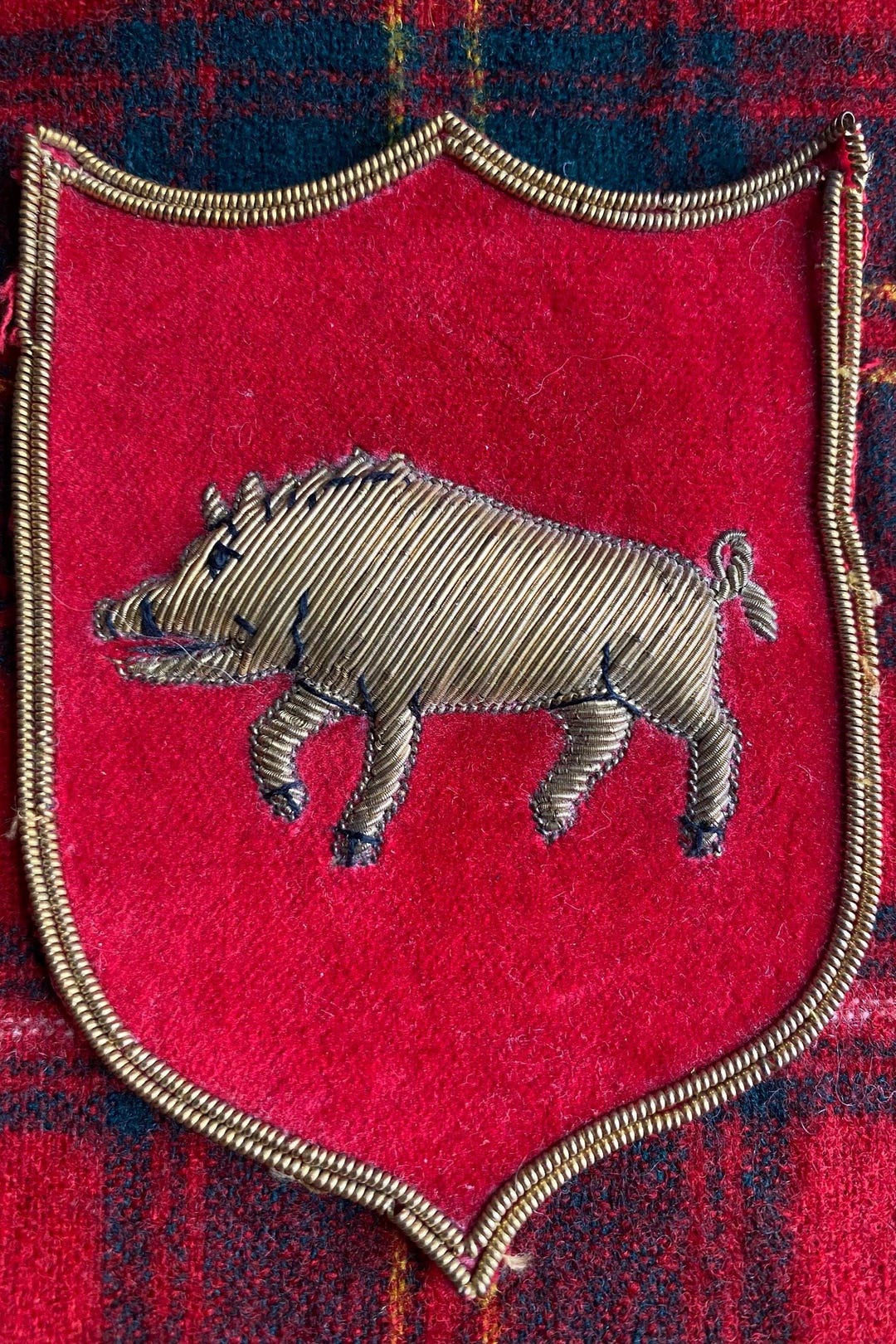 Vintage BOAR PATCH Gold Tone Metal Design and Border on Velvety Red ...
