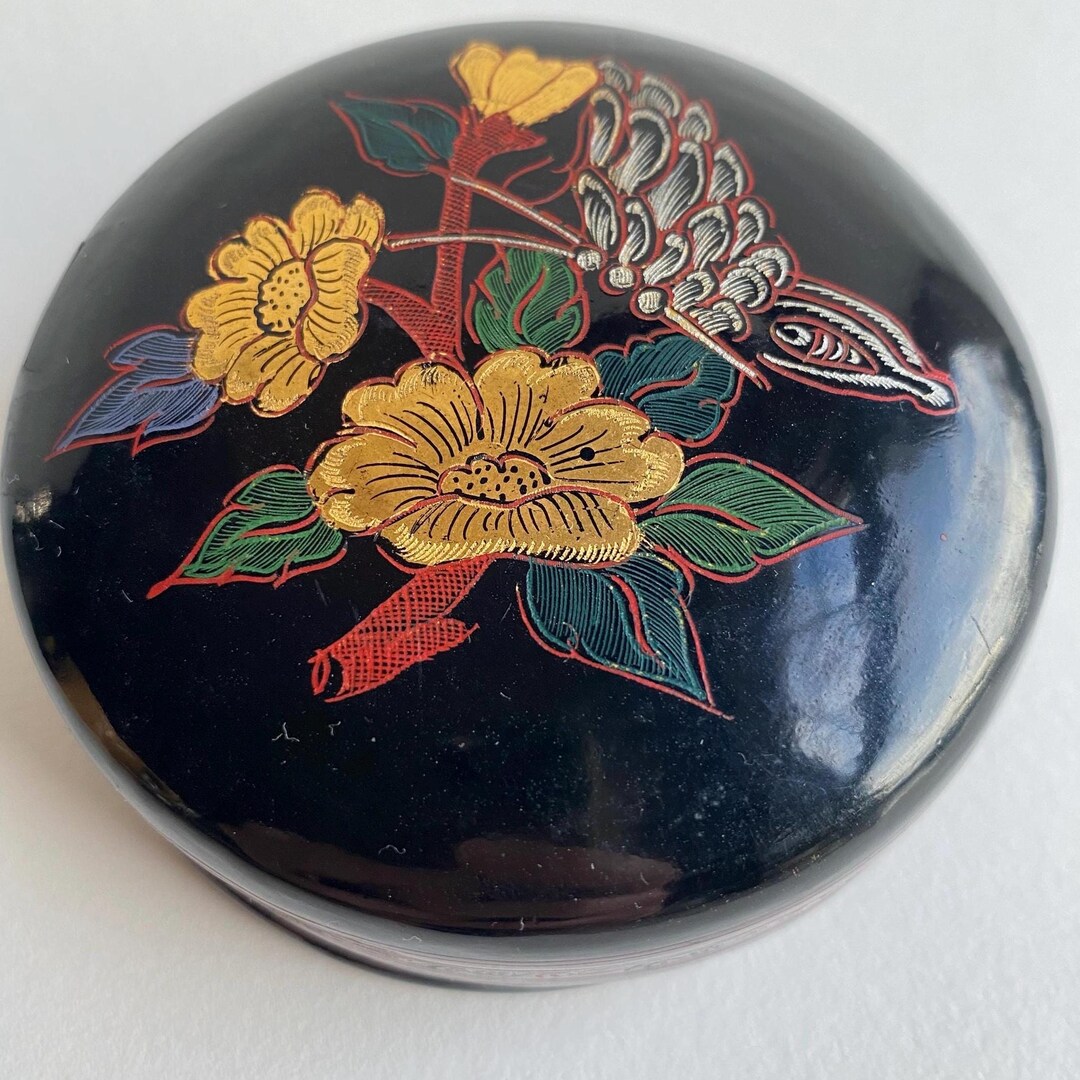 Vintage Lacquerware Trinket Box: Butterfly & Floral, Black and Gold ...