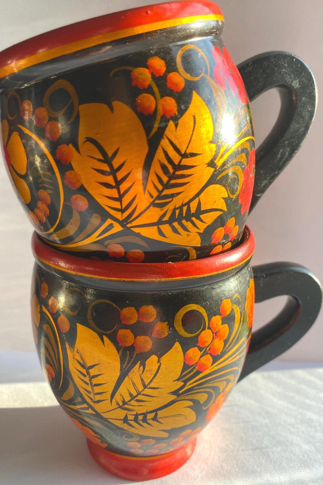 Vintage Russian Khokhloma Wooden Mugs, Hand Painted Berry Decor, Set of ...