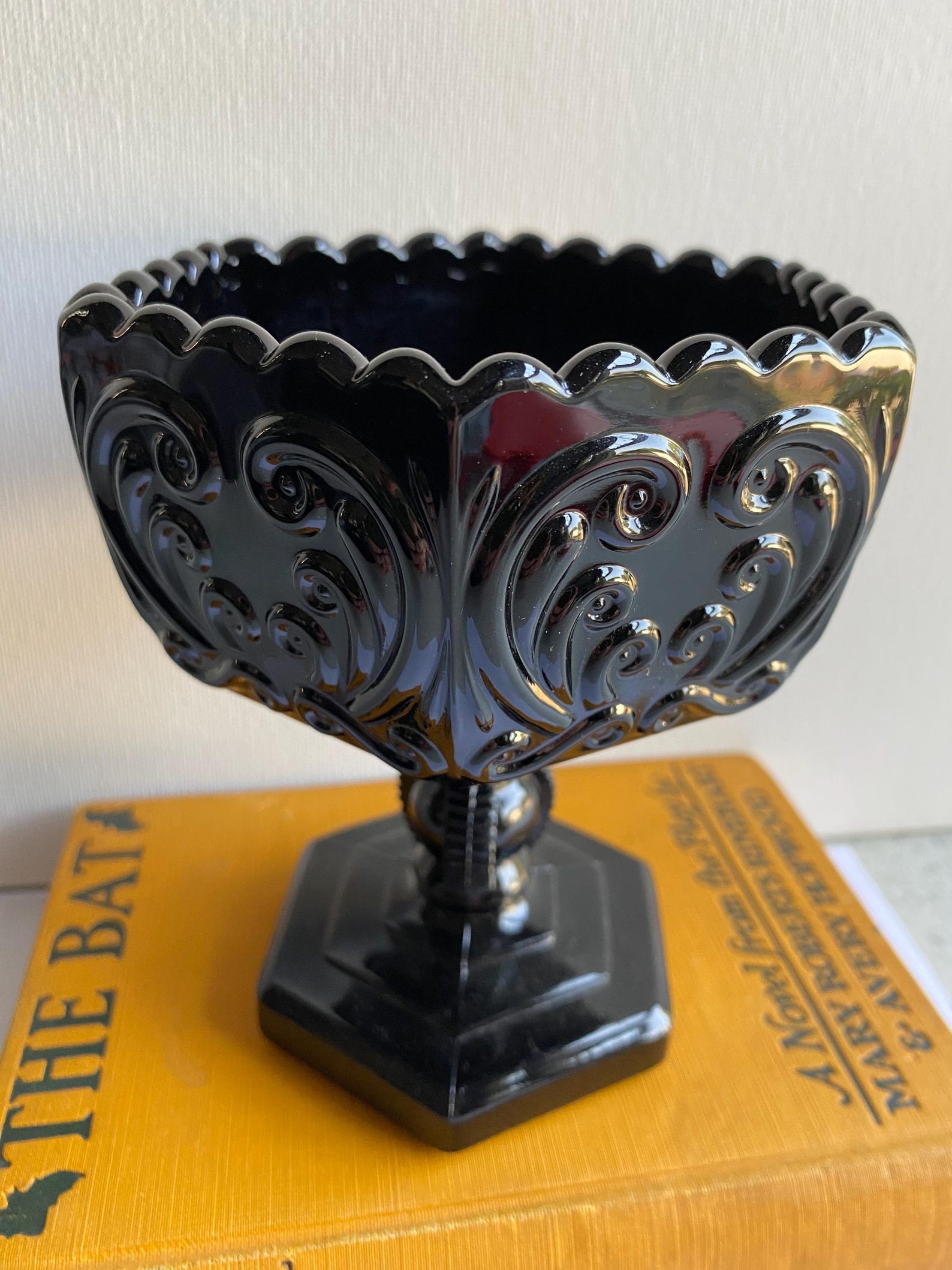 Vintage Imperial Black Glass Compote With Scroll Design, Stamped, No ...