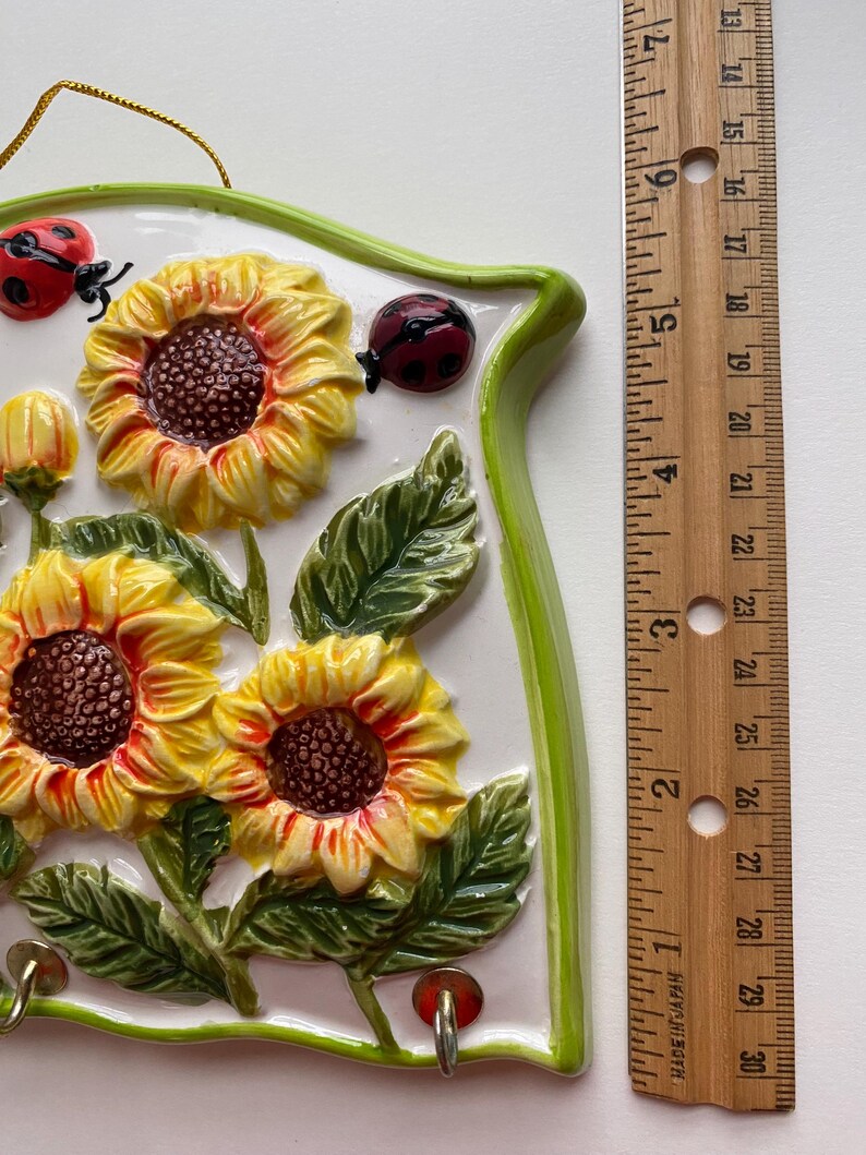 SUNFLOWER & LADYBUG Key ORGANIZER Ceramic and Metal With 3 Small Hooks ...