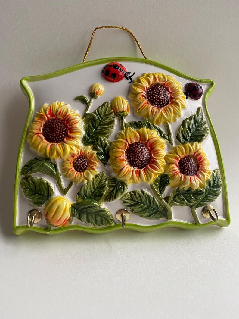 SUNFLOWER & LADYBUG Key ORGANIZER Ceramic and Metal With 3 Small Hooks ...