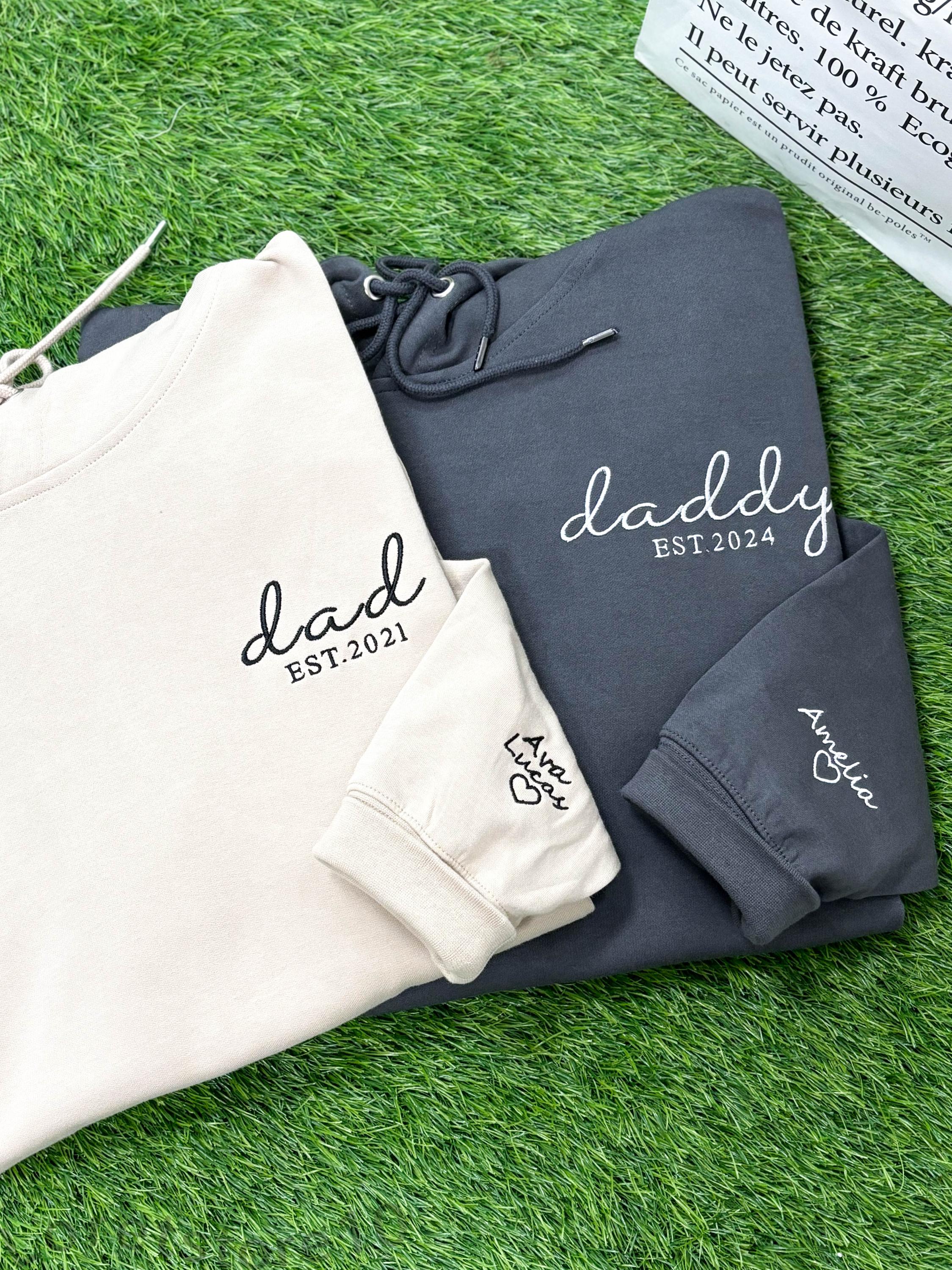 Custom Dad Embroidered Hoodie, Name on Sleeve With Heart, Daddy Est ...