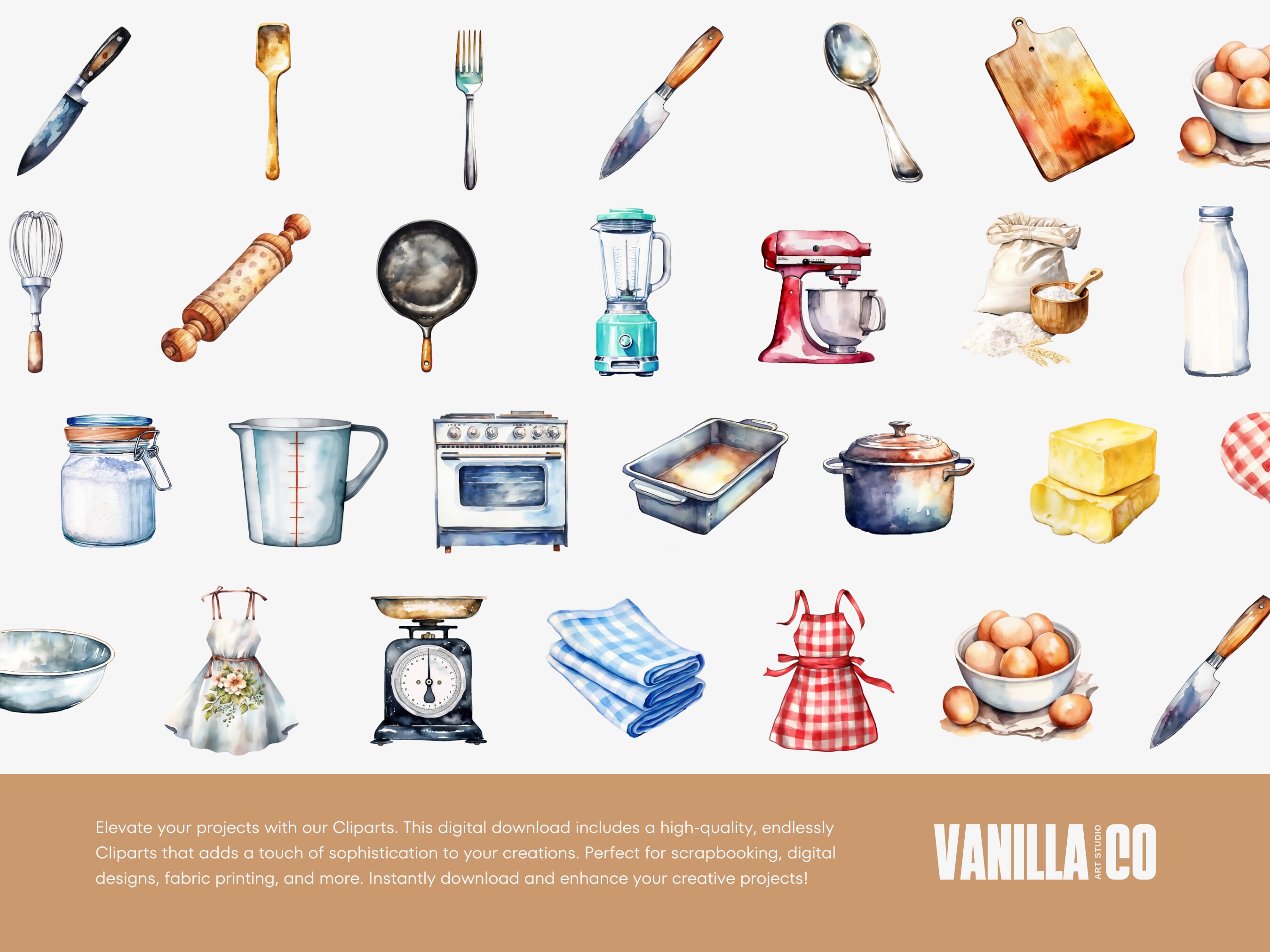 Watercolor Baking Supplies, Clipart Bundle High Quality Design, for ...