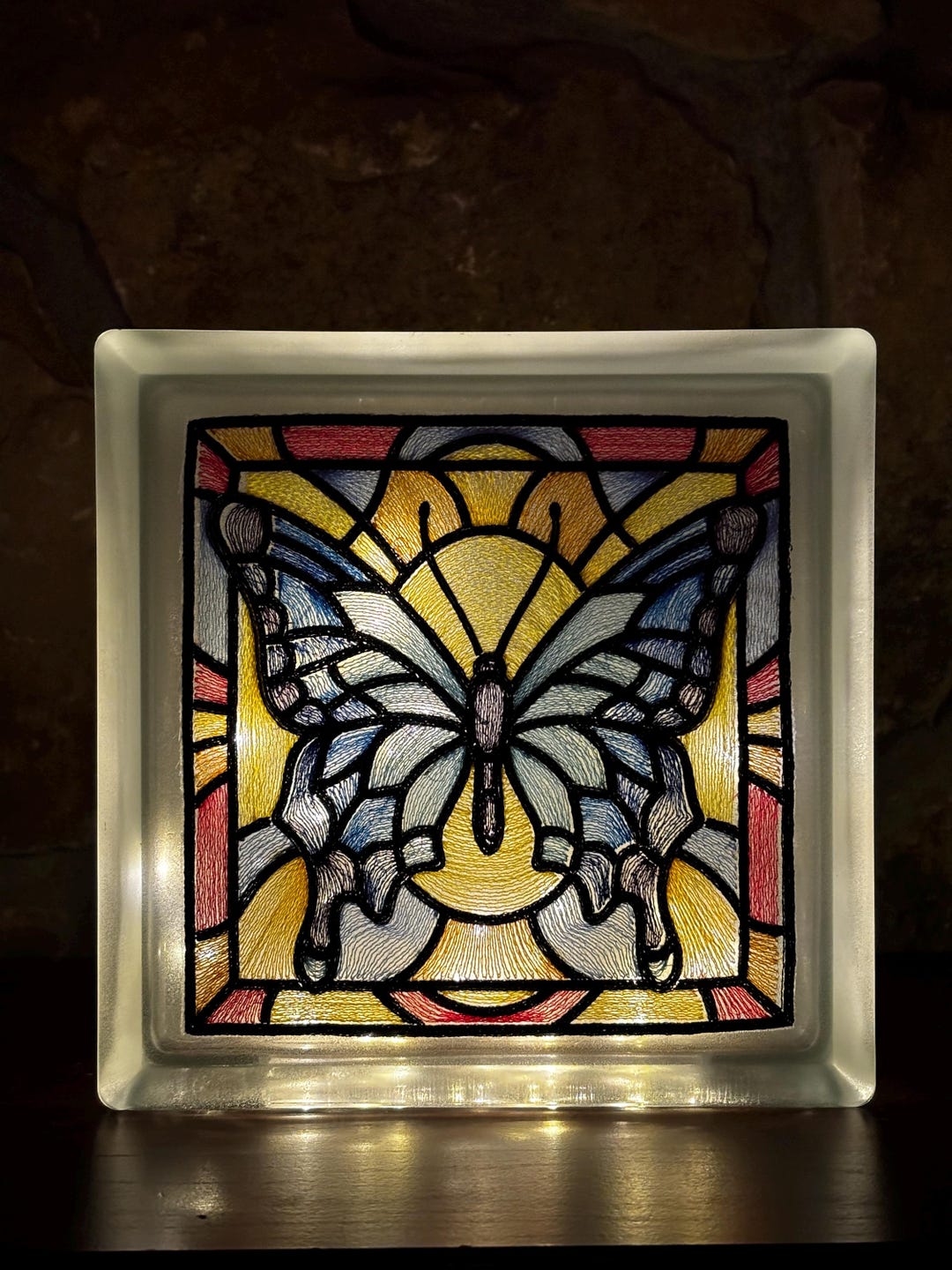 Embroidered Stained Glass Design on Glass Block With Lights - Etsy