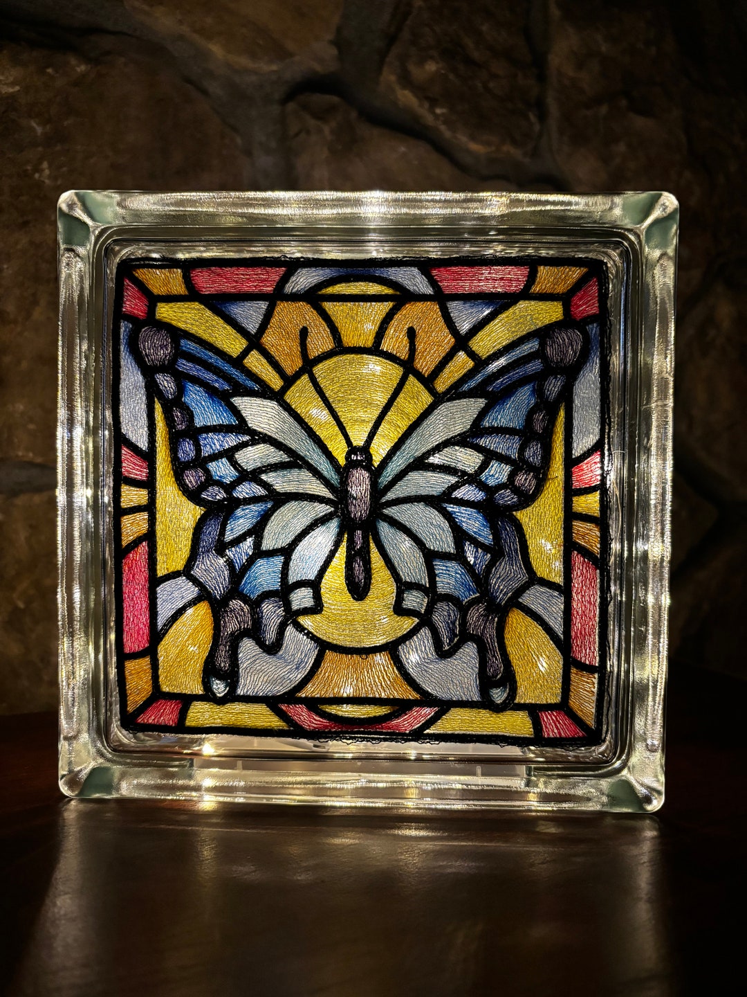 Embroidered Stained Glass Design on Glass Block With Lights - Etsy