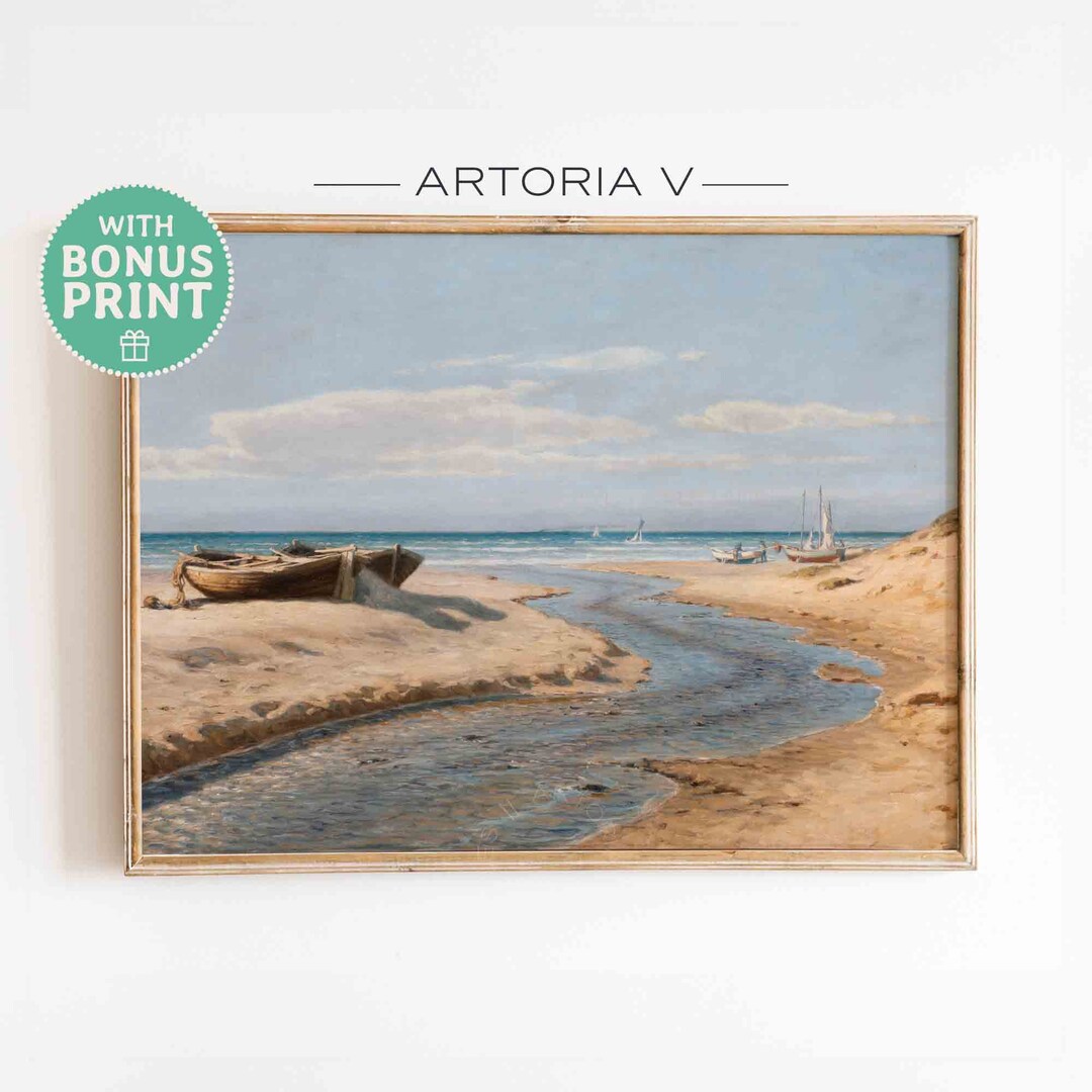 Vintage Beach Scene Printable Wall Art, Boats on Beach Shores Vintage ...