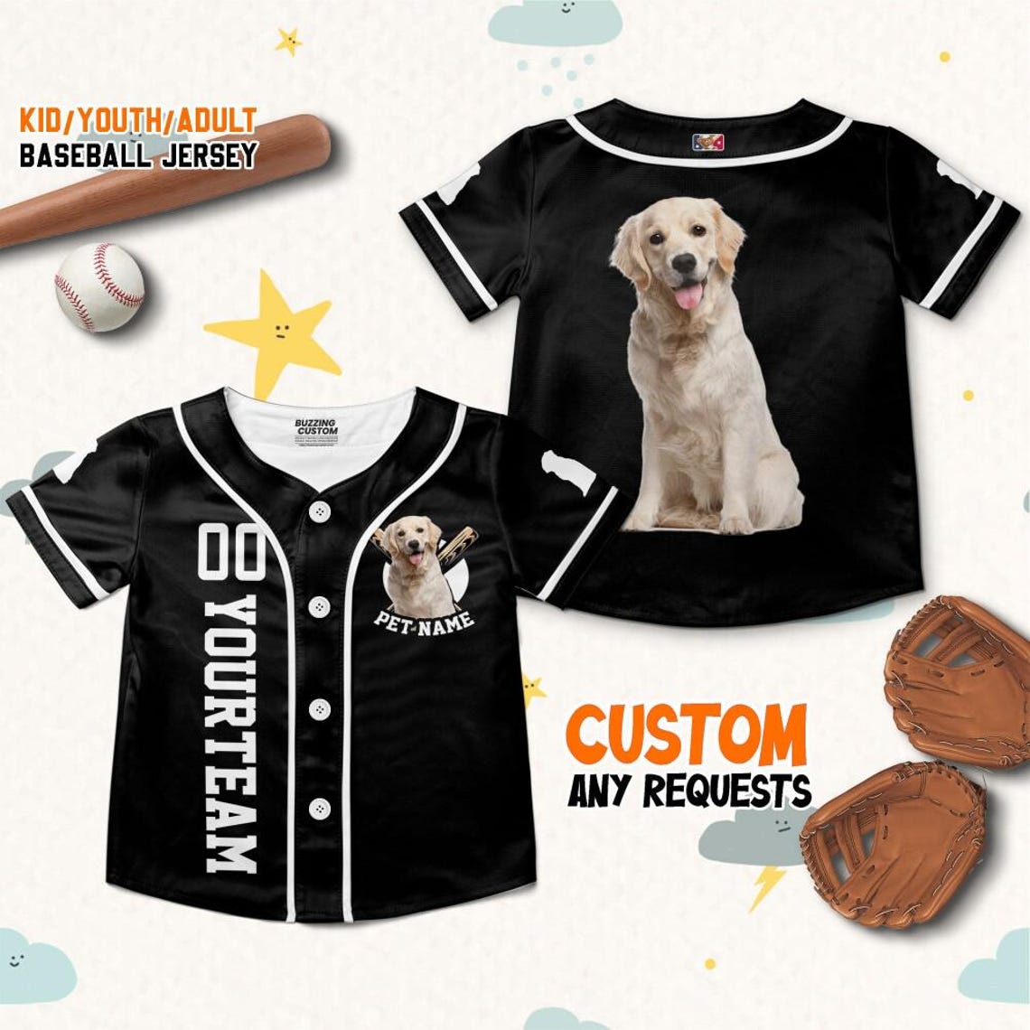 Custom Baseball Jersey With Your Pet Full Color Black PA11 Baseball ...