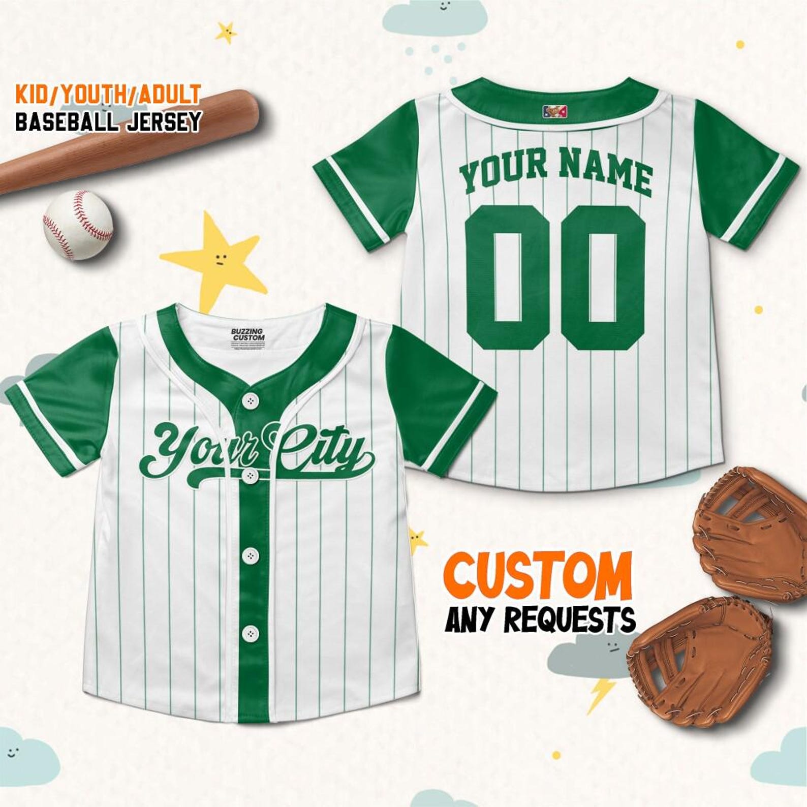 Custom Basic Colorful City Green Kid Baseball Jersey PA12, Name and ...