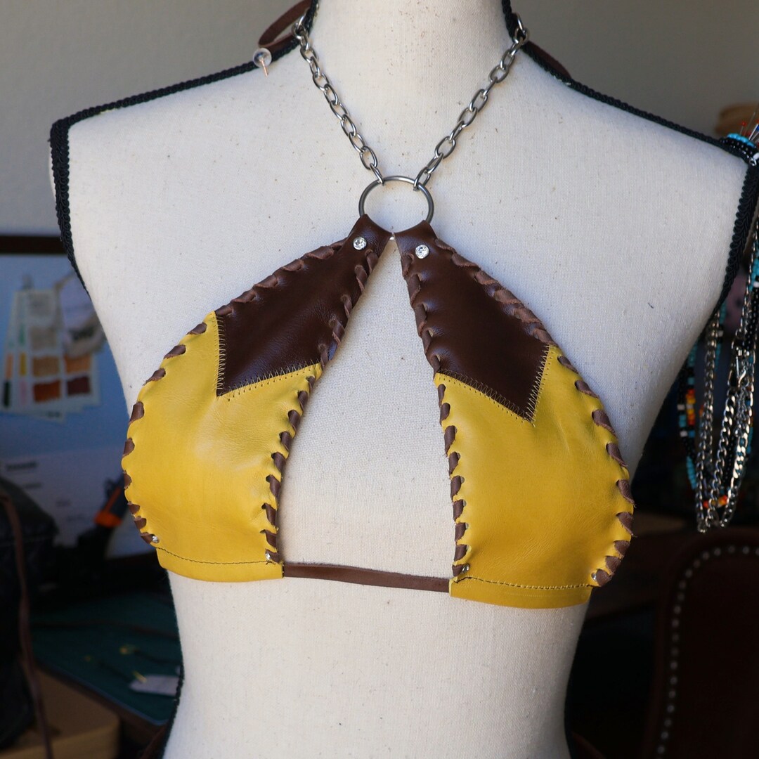 Real Leather Colorblock Center Cut Bralette Genuine Italian Biker ...