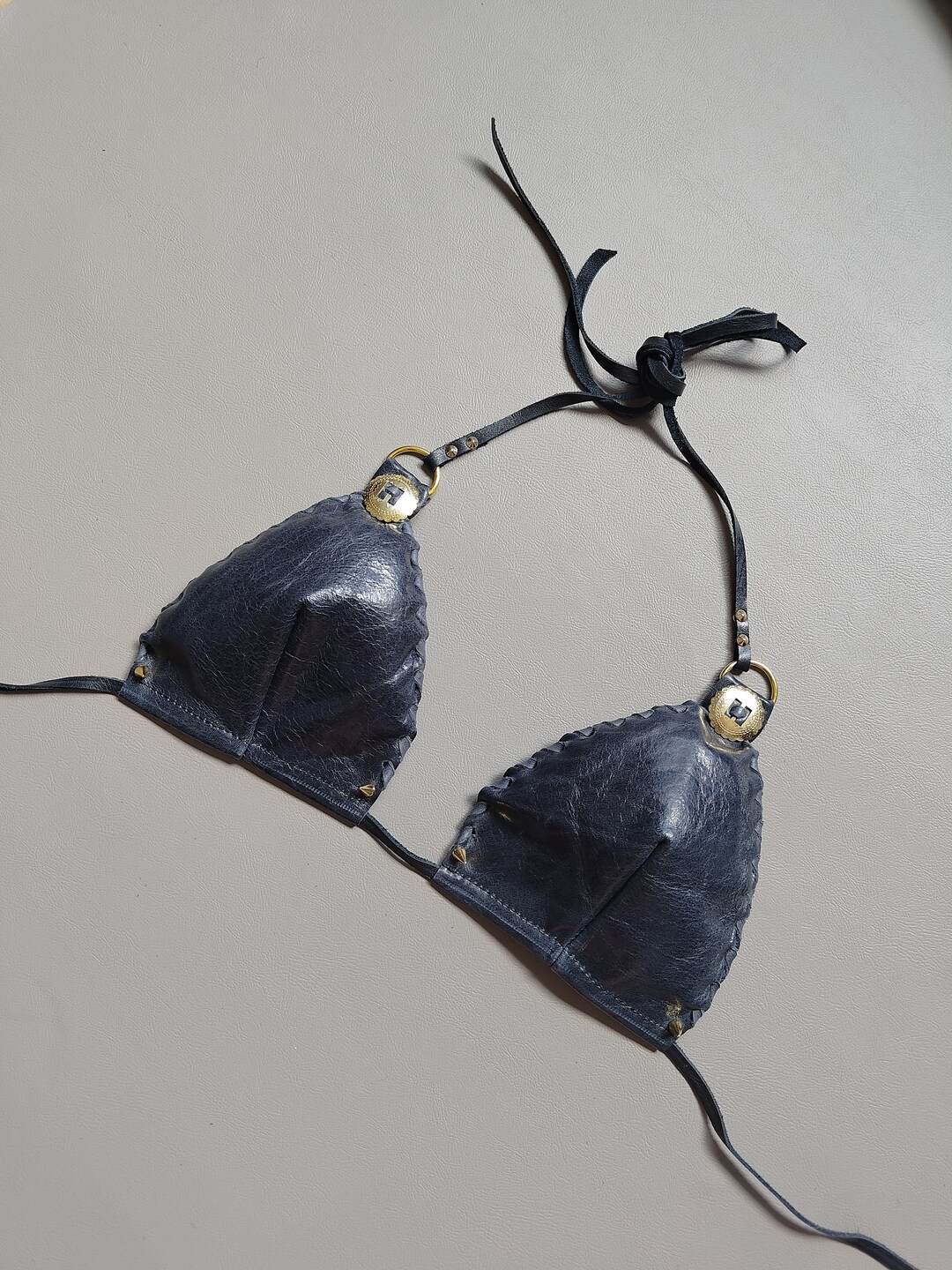 Real Leather Circle Concho Faded Black / Gray and Gold Spiked Biker ...