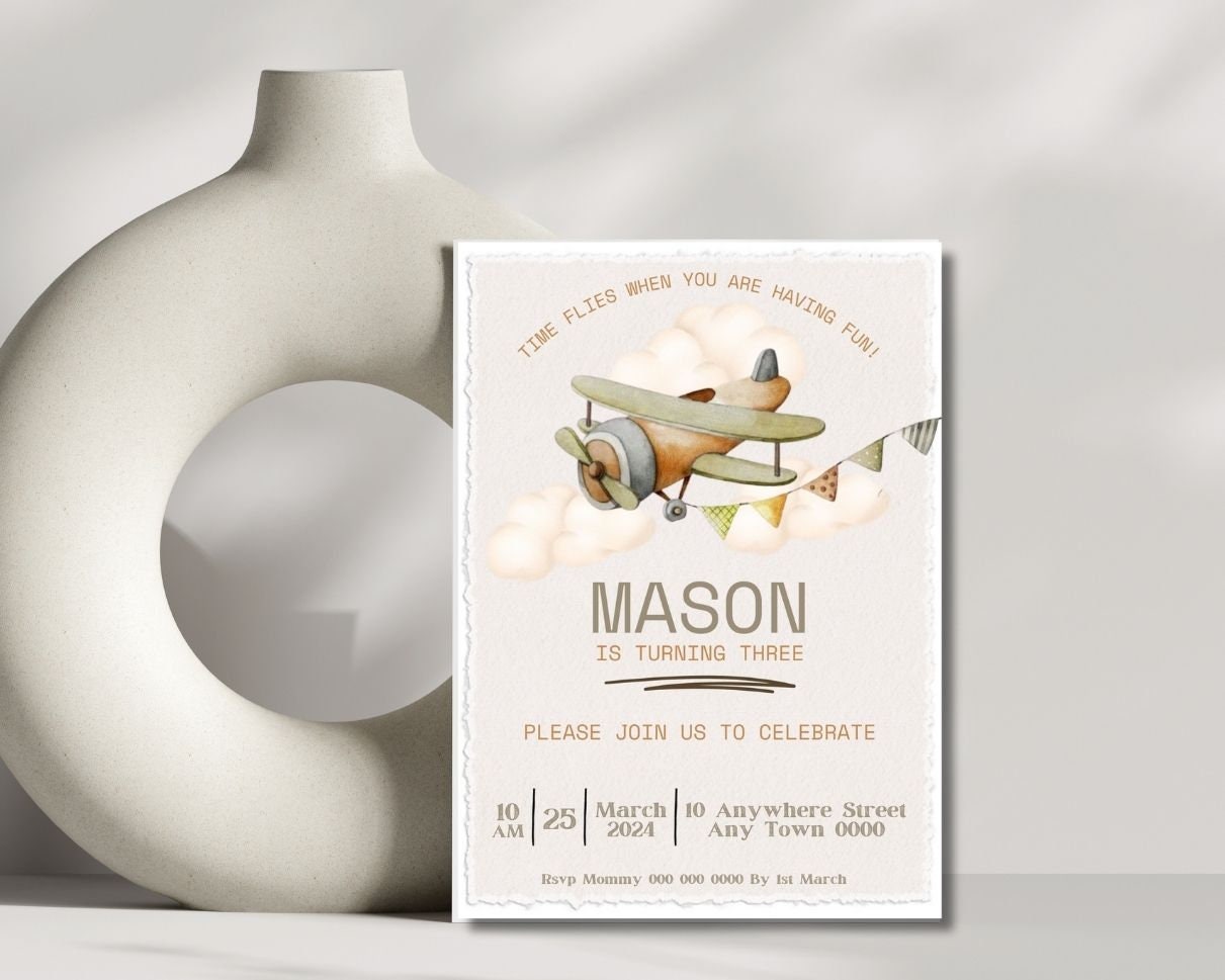 Time Flies Birthday Party Invitation, Editable Vintage Airplane Invite ...