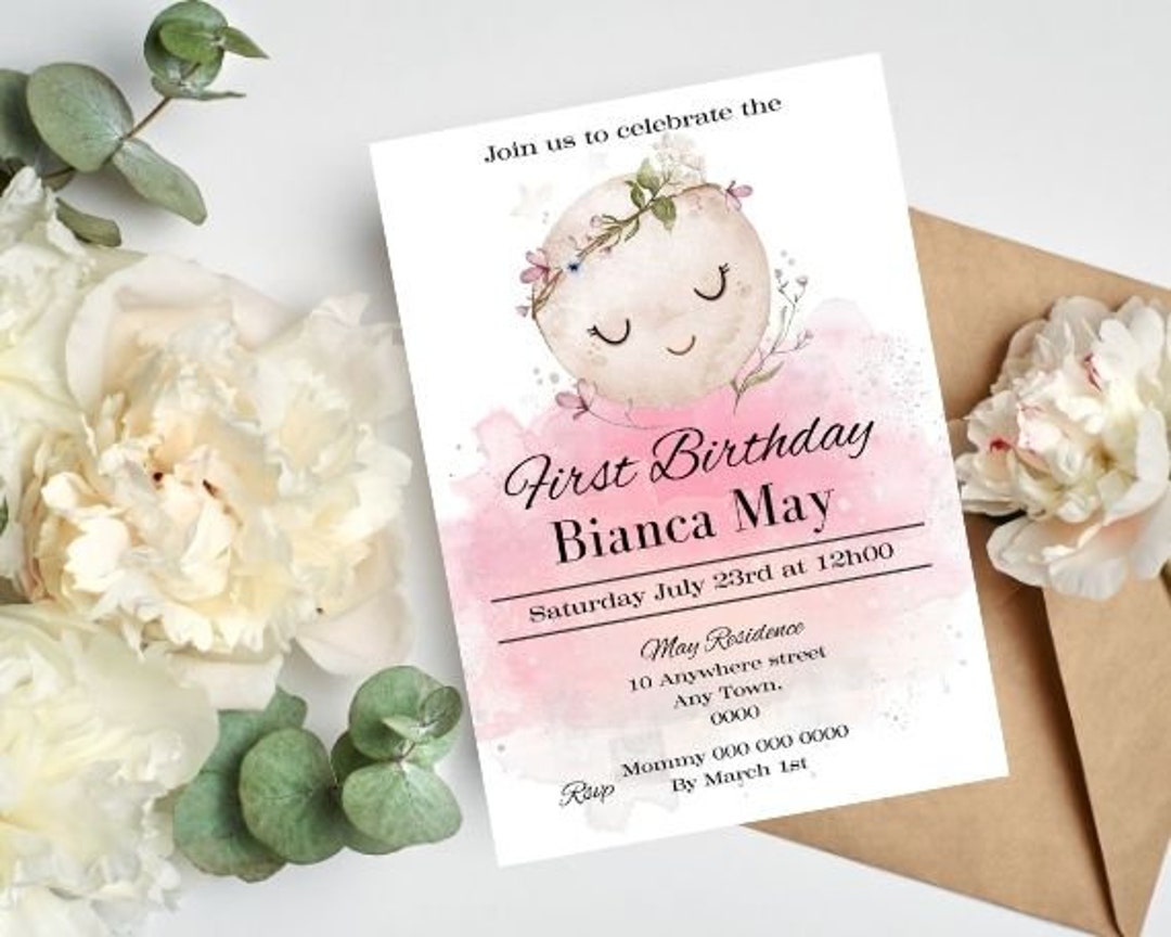 Pink Floral Moon Birthday Party Invitation, Editable Over the Moon ...