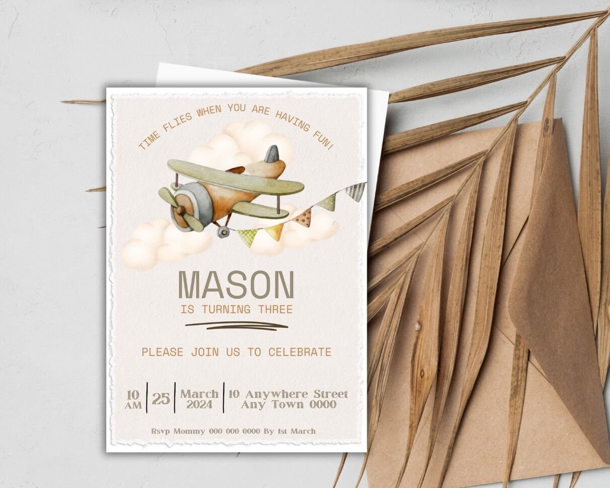 Time Flies Birthday Party Invitation, Editable Vintage Airplane Invite ...