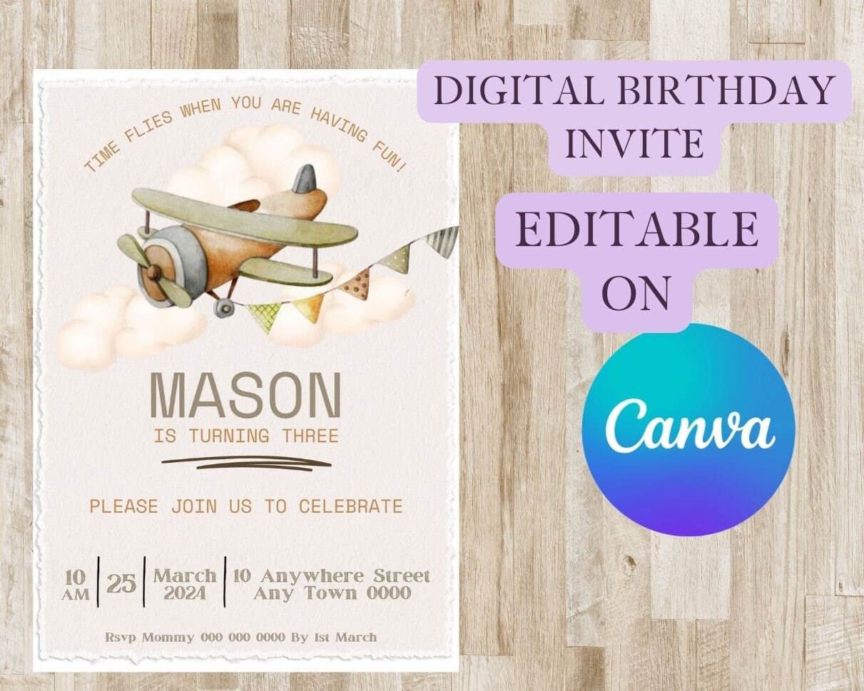 Time Flies Birthday Party Invitation, Editable Vintage Airplane Invite ...